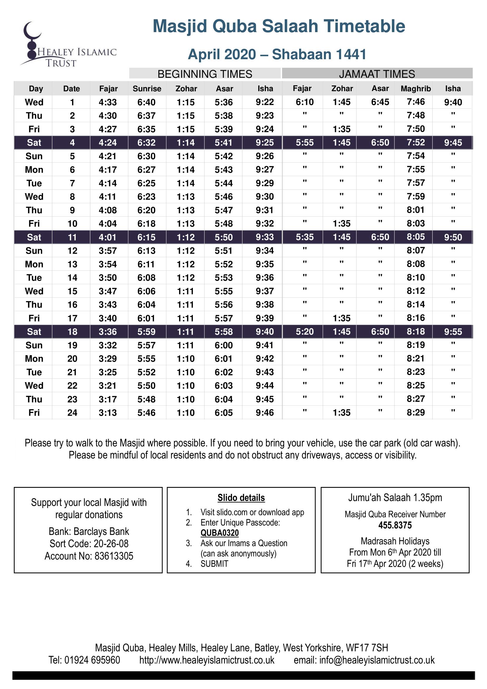 Salaah Times - Masjid Quba - Healey Islamic Trust